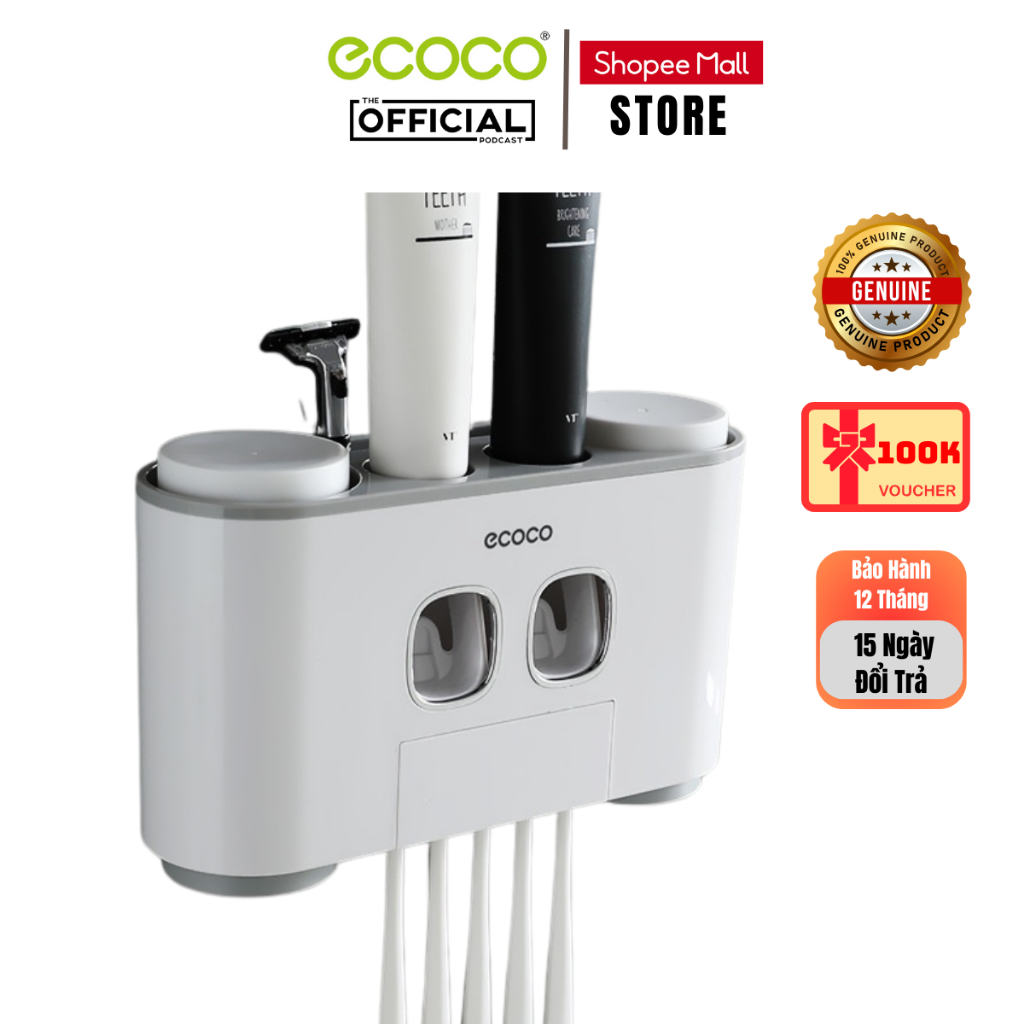 Bộ Nhả Kem Đánh Răng ECOCO 4 Cốc 2 Nhả Kem E1802, Kệ Để Bàn Chải Dán Tường Cao Cấp Hàng Chính ...