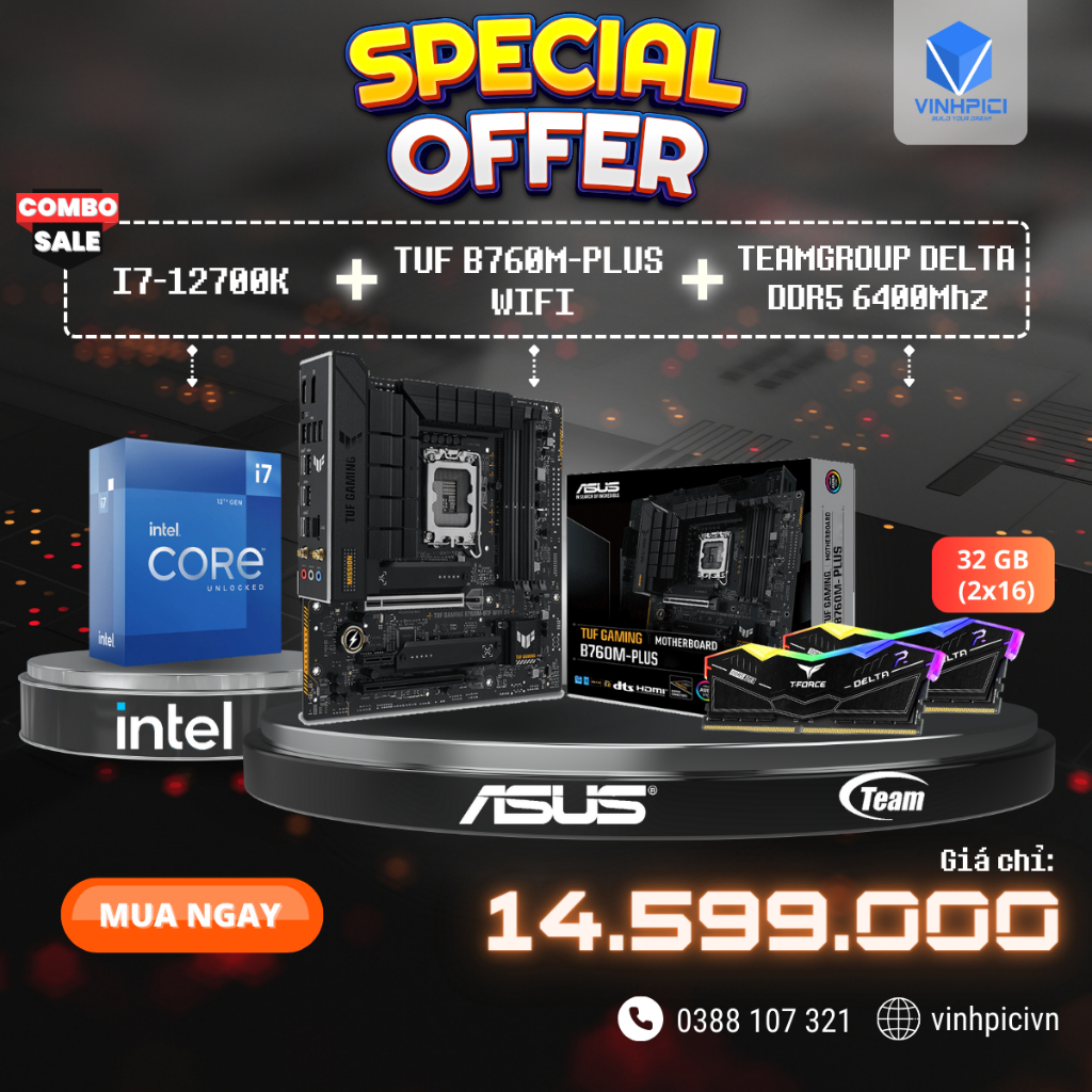 Combo INTEL B760M TUF PLUS WIFI + I7 12700K + Ram TEAMGROUP DELTA RGB DDR5 32GB 6400MHz DDR5 ...