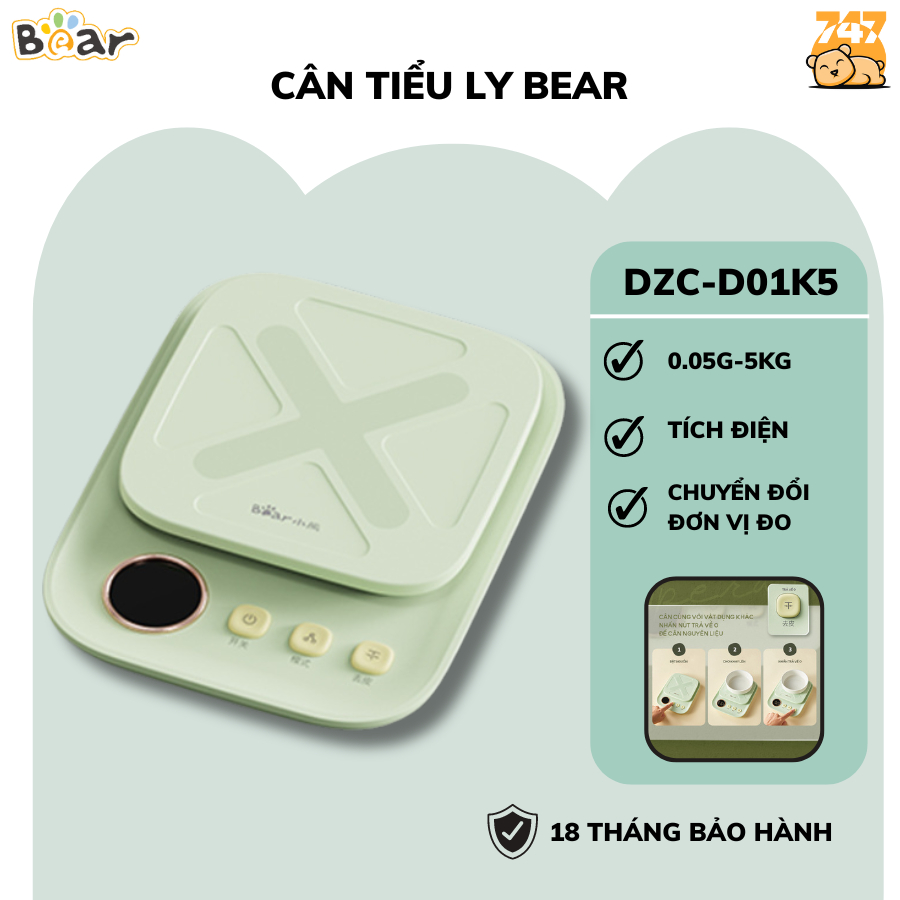 Cân tiểu ly Bear DZC-D01K5, Tích điện, 0.05g-5kg, Chuyển đổi đơn vị cân ...