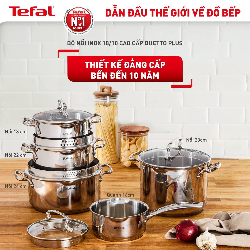 Bộ 5 nồi Inox cao cấp Tefal Duetto Plus (quánh 16cm, nồi hầm 18/20/24 cm, nồi luộc gà 22cm ...