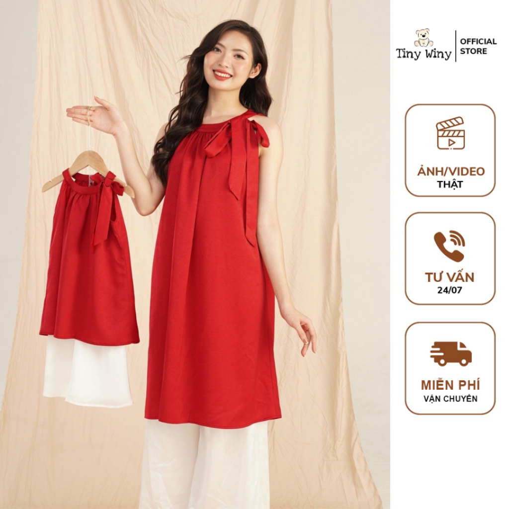 Set Áo dài Cổ Yếm đỏ nơ cách tân mix quần trắng cho Mẹ và Bé Gái Tiny ...