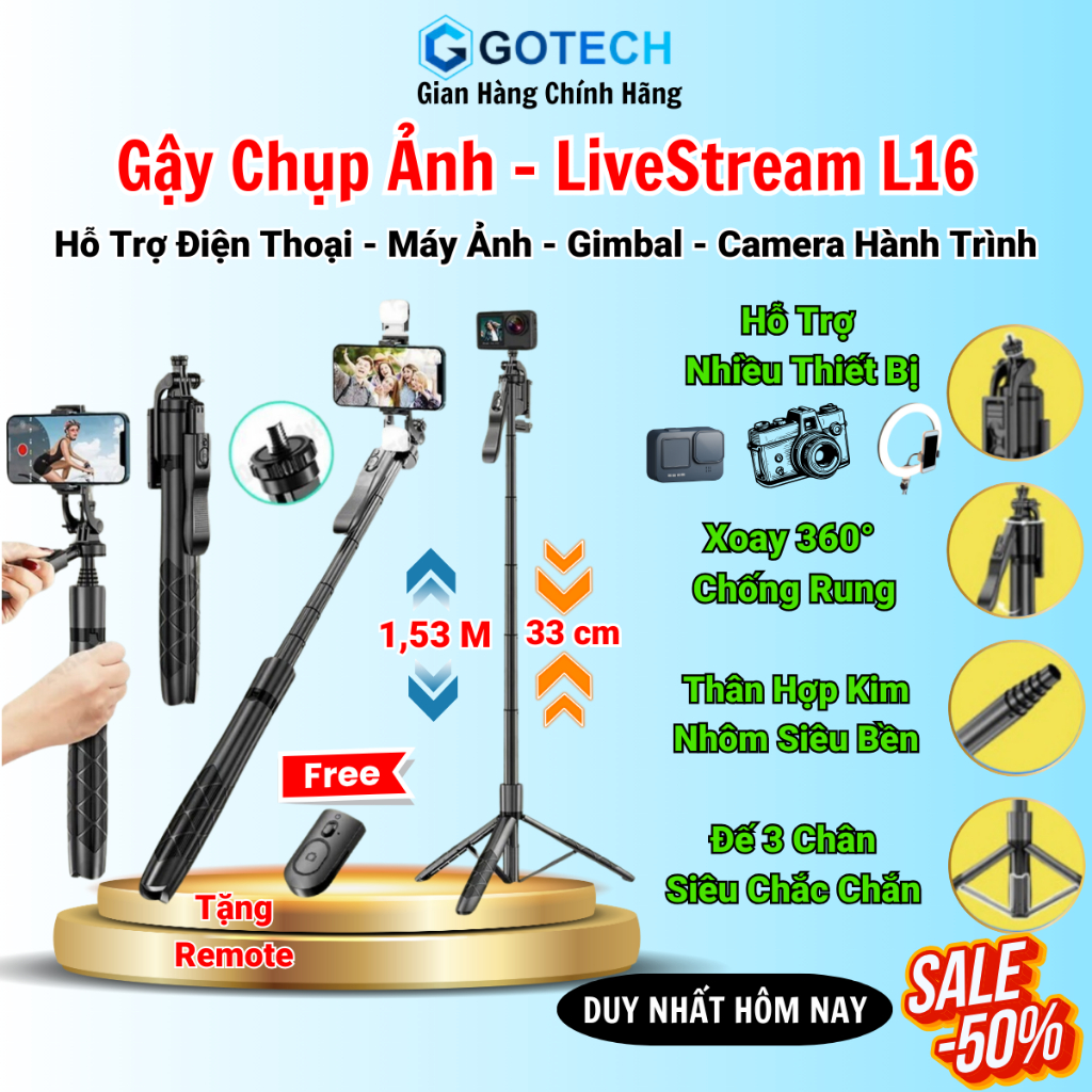 Gậy Chụp Ảnh Tripod 3 Chân LONG L16, Gậy Tự Sướng Kéo Dài 1,55m Quay Video Chụp Ảnh Livestream ...
