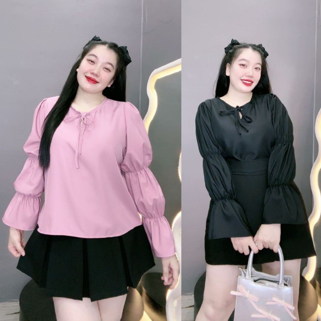 Áo sơ mi bigsize nữ cổ dây cột nơ tay dài bo loe phồng tiểu thư vải lụa chéo trơn mềm thanh lịch ...