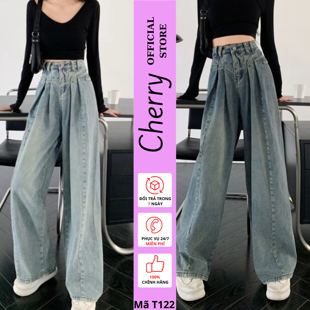 Quần Jean nữ Cherry quần bò nữ cạp cao xếp ly ống rộng phong cách vintage Hàn Quốc T123 | Shopee ...