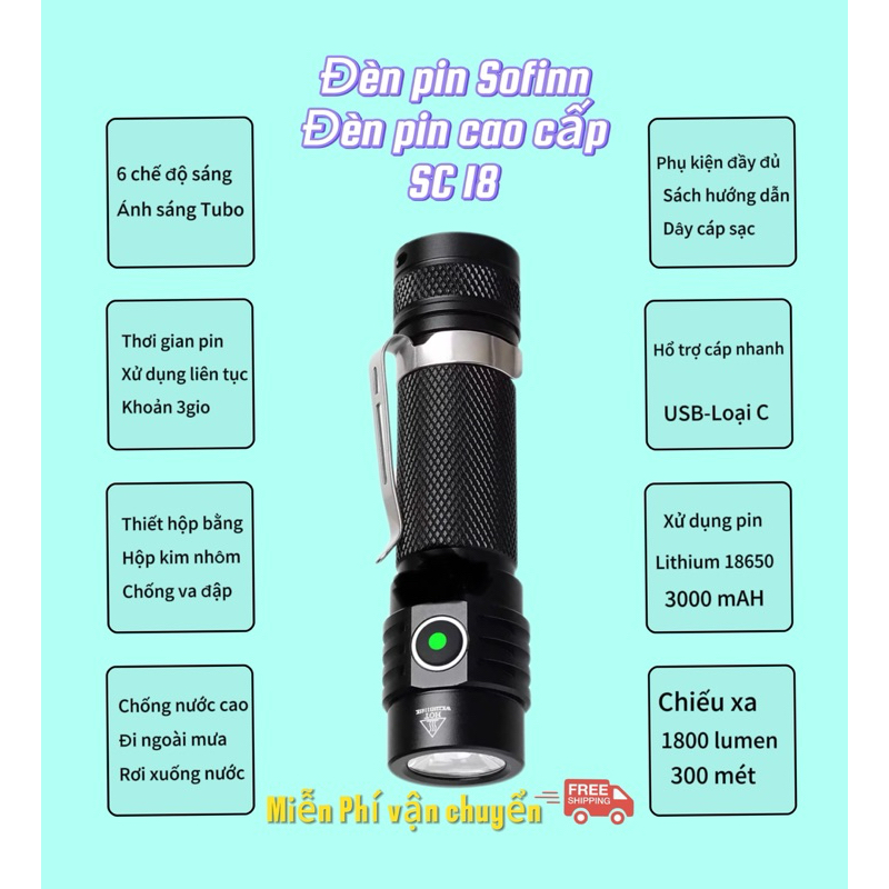 Đèn pin cầm tay Sofiin SC18 ánh sáng led công suất cao 7 chế độ sáng ...