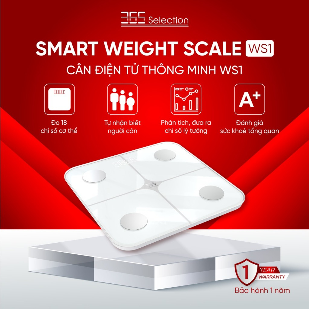 Cân thông minh 365 Selection WS1, Kích thước lớn, Đo 18 chỉ số cơ thể ...
