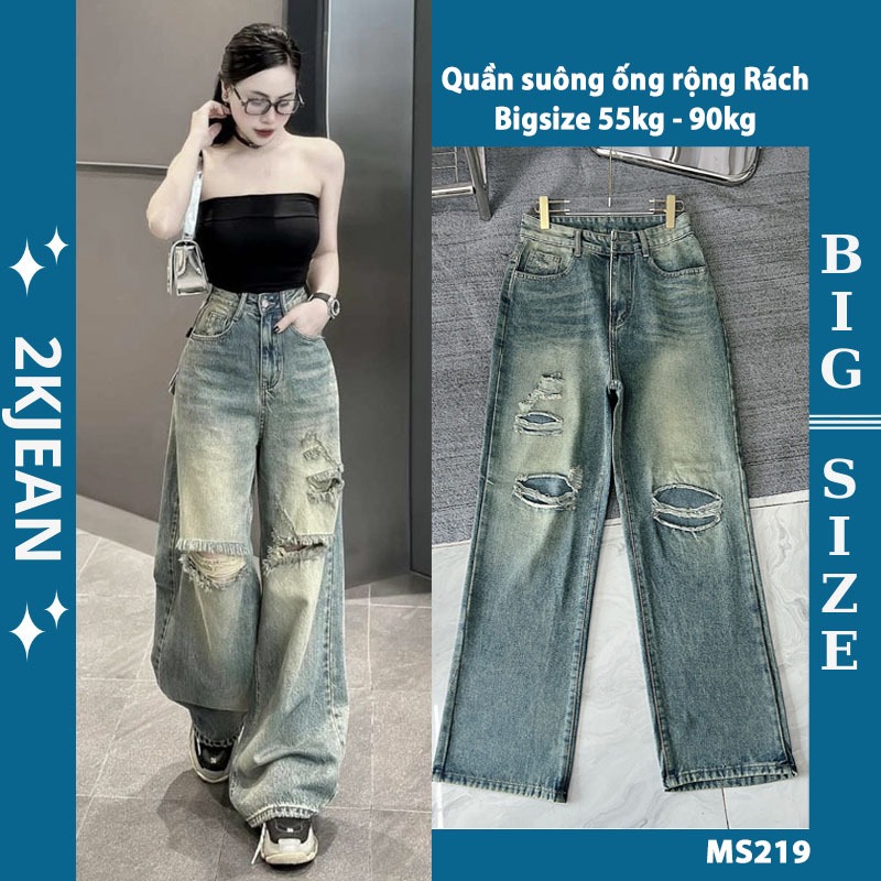 Quần ống suông rộng rách jean nữ Bigsize 58kg-90kg, kiểu dáng rách đùi ...