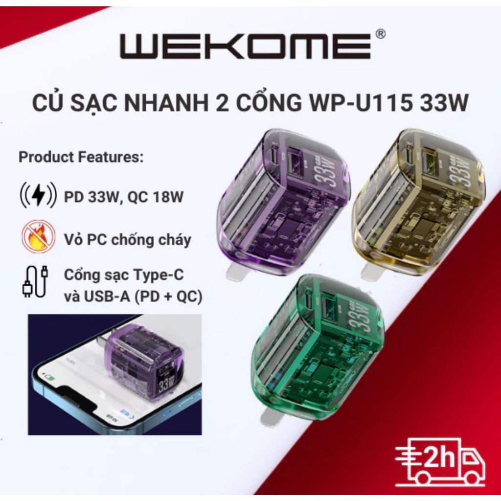 Củ sạc trong suốt Wekome WP-U115 33W củ sạc nhanh 33w 2 cổng USB + Type ...