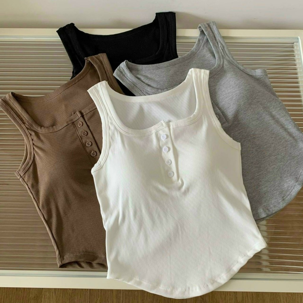 Áo Ba Lỗ Nữ Cotton Tăm Mềm Vạt Tròn Kèm Mút Đệm , Đính Khuy Trước Ngực 3195 | Shopee Việt Nam