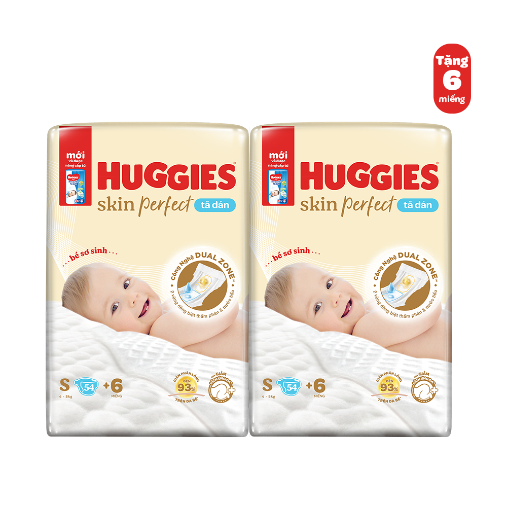 Combo 2 Tã/bỉm dán sơ sinh Huggies Skin Perfect S 54+6 miếng với 2 vùng thấm giảm kích ứng da ...