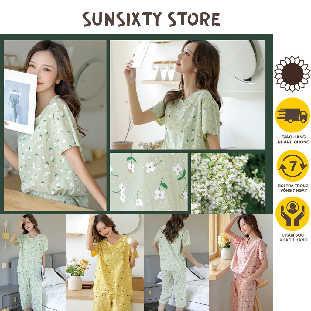 Bộ mặc nhà, đồ bộ lửng, cotton 100%, họa tiết hoa tuyết mai, phong cách ...
