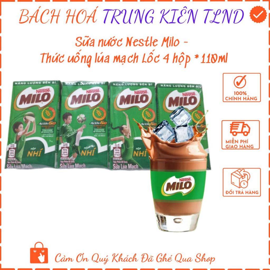 Sữa nước Nestle Milo - Thức uống lúa mạch Lốc 4 hộp *(180m/110ml ...