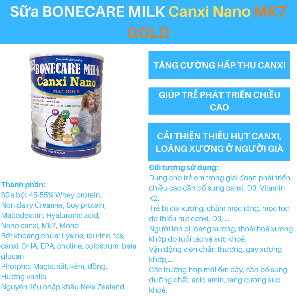 [Chính hãng 900g] Sữa Bonecare Milk Canxi Nano MK7 Gold Bổ Sung,Tăng Cường Hấp Thu Canxi, Phát ...