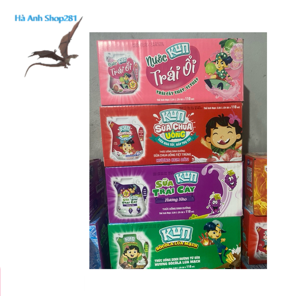 Thùng Sữa Lif Kun trái cây 24 túi x 110ml. Túi Hương Nho/ Cam/ Dâu ...