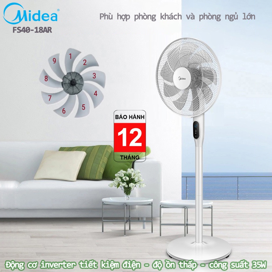 Quạt cây Midea inverter FS40-18AR công suất 35W, quạt đứng Midea vận hành siêu êm với 9 cánh ...
