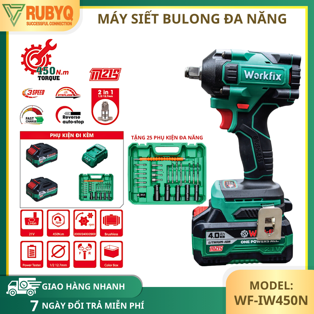 RubyQ Máy siết bulong WORKFIX WF-IW450N đầu 2 trong 1 Lực siết 450Nm ...