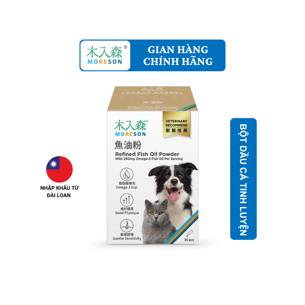 MORESON Bột Dầu Cá Tinh Luyện cho Chó & Mèo (30 gói) | Omega-3 EPA+DHA công nghệ bọc phân tử với ...