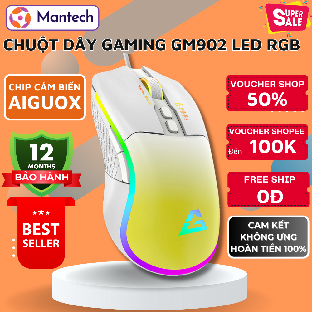 Chuột Máy Tính Có Dây Mantech GM902 Gaming Led RGB Chip Cảm Biến AIGUOX 7200DPI 450IPS Cho Pc ...