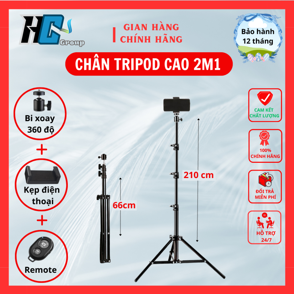 Chân tripod cao 2m1 HC Group, Gậy livestream, quay tiktok, quay video ...
