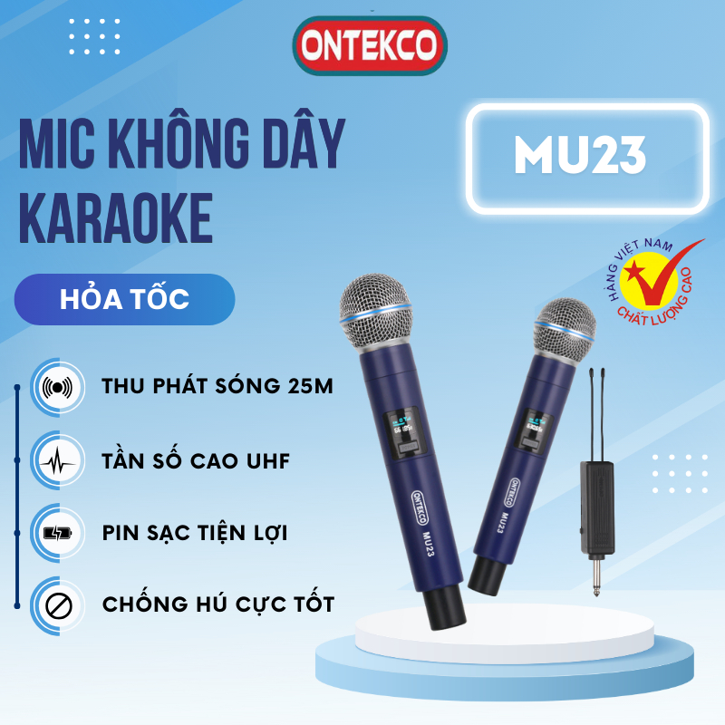 Bộ 2 MICRO KHÔNG DÂY KARAOKE ONTEKCO MU23 Pin Sạc /E6- Chuyên Dụng cho ...