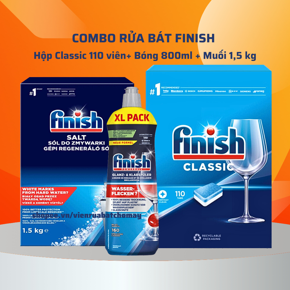 Combo rửa bát Finish Classic 110 viên + Muối Finish 1,5kg + Bóng Finish ...