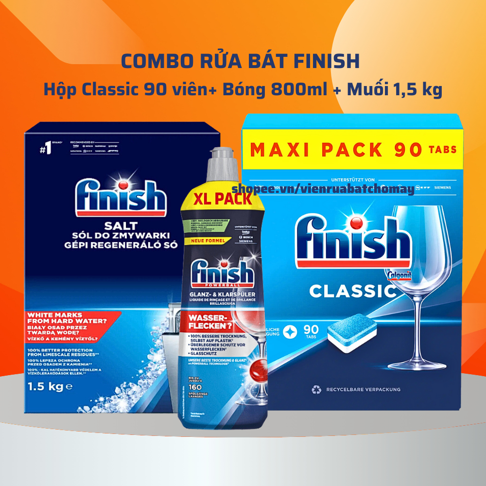Combo viên rửa bát Finish 90 viên + Muối Finish 1,5kg + Bóng Finish ...