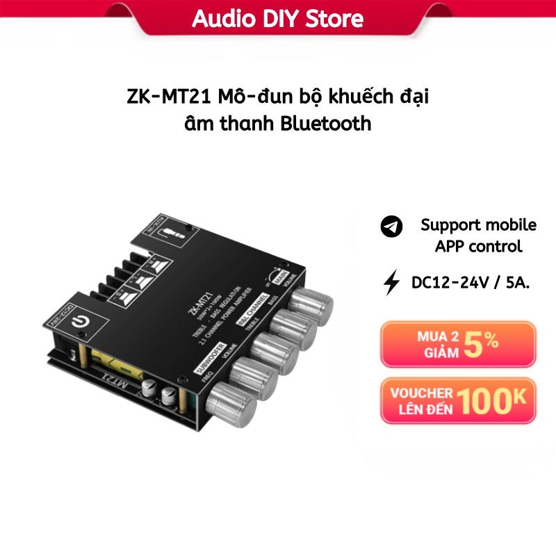 ZK-MT21 Bộ khuếch đại loa siêu trầm 2.1 Kênh Bluetooth 5.0 50WX2 Công suất 100W Âm thanh nổi AMP ...