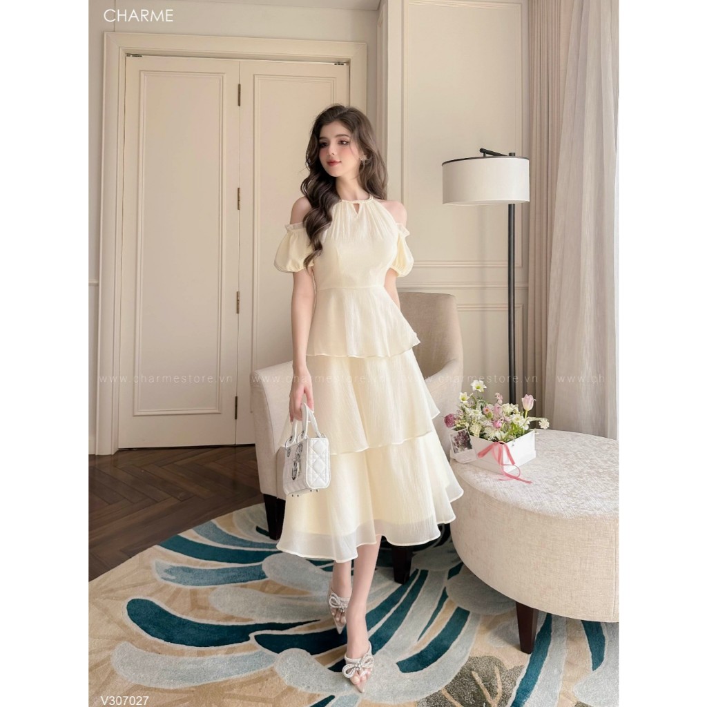 Đầm đi tiệc 3 tầng cổ yếm chất liệu tơ đũi cao cấp Charme 307027 | Shopee Việt Nam