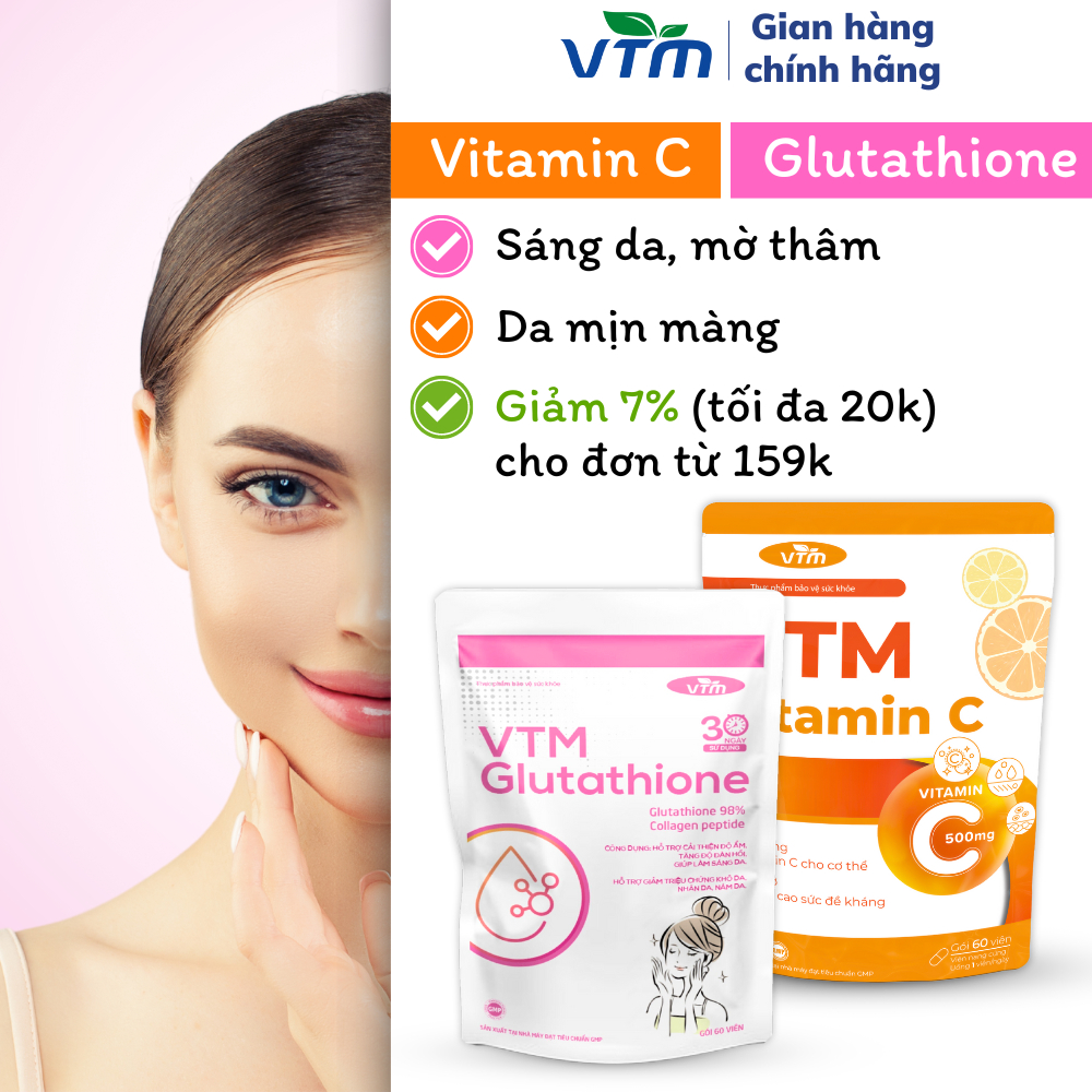 Combo viên uống VTM Vitamin C và Glutathione hỗ trợ làm trắng da, đẹp ...