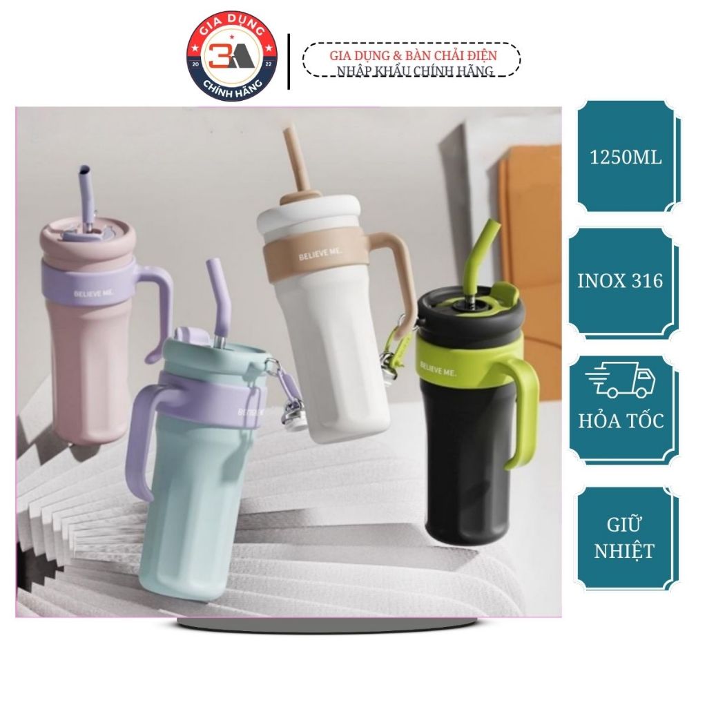 (TẶNG TÚI+CỌ RỬA) Ly Cốc giữ nhiệt dung tích lớn 1250ML, Có Tay Cầm và Ống Hút tiện lợi, Inox ...