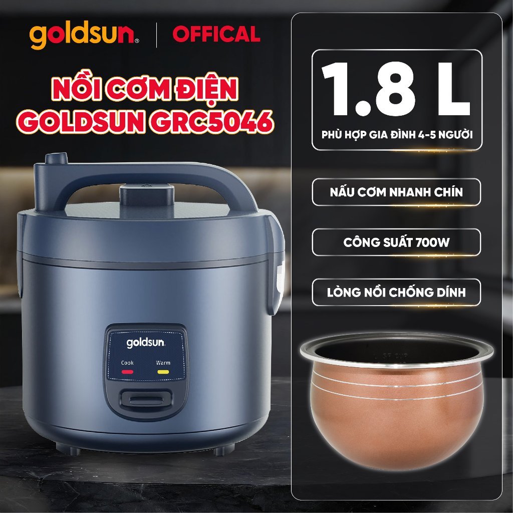 Nồi cơm điện cơ Goldsun GRC5046 lòng niêu 1.8L phủ chống dính chất liệu cao cấp bảo hành 12 ...