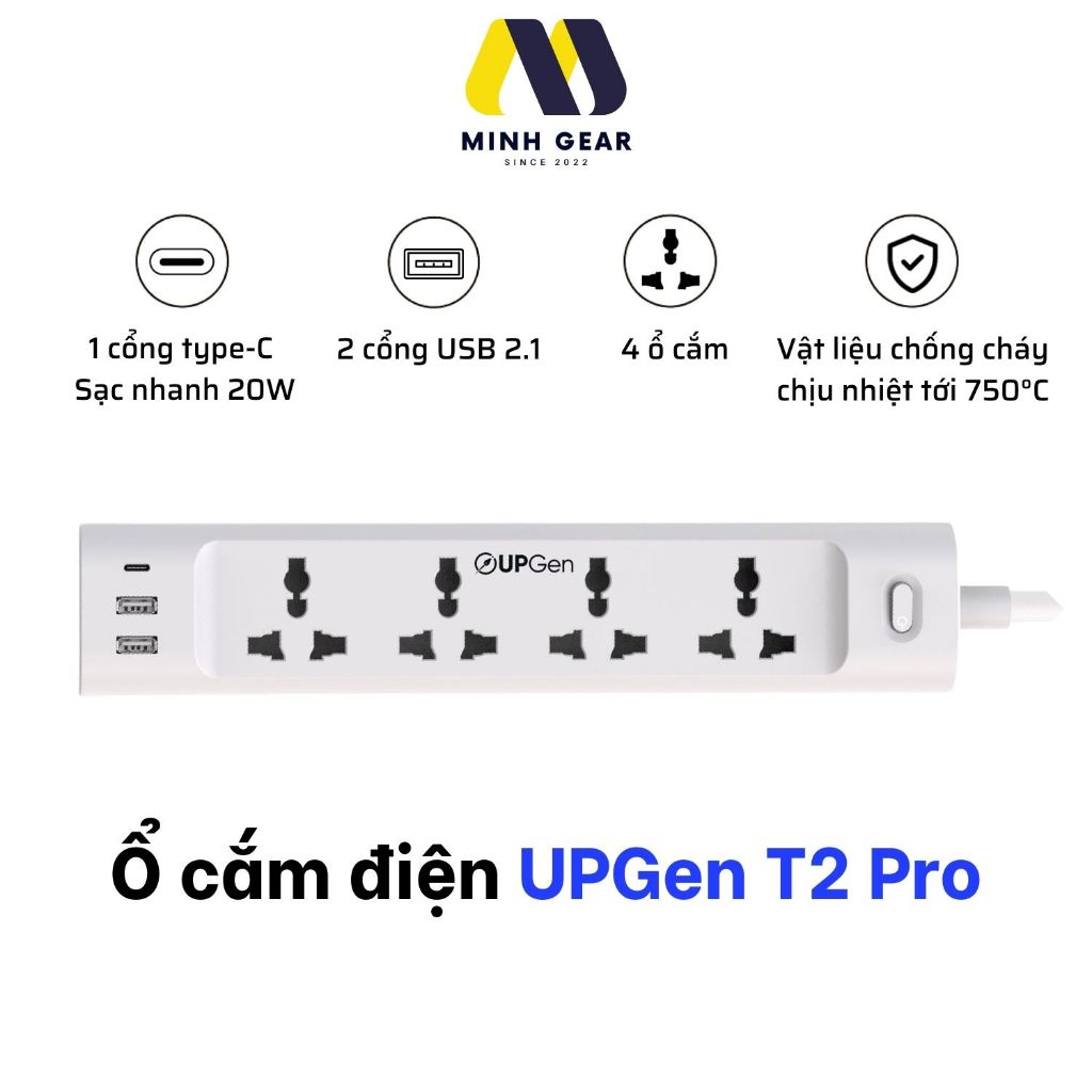 Ổ cắm điện Upgen T2 Pro công suất tối đa 2500W, 3 mét chiều dài dây ...