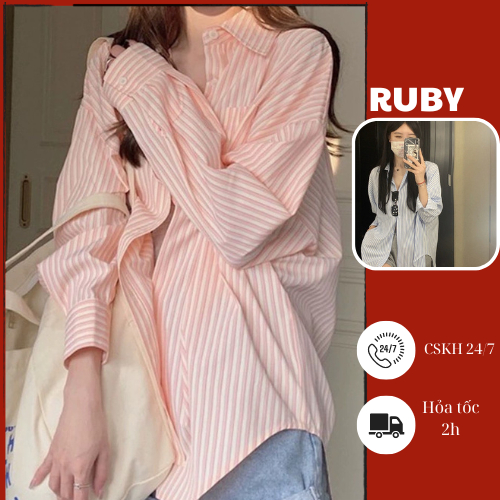 Áo Sơ Mi Kẻ Sọc Ruby Dài Tay Ulzzang, Áo Khoác Sơ Mi Form Rộng Thời Trang Hàn Quốc Hai Màu Hồng ...
