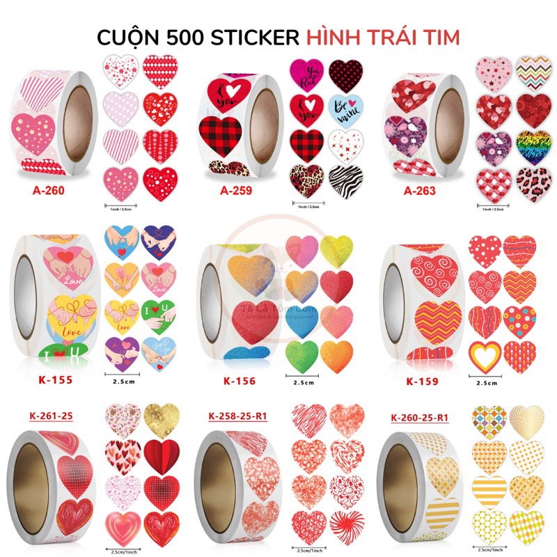 Cuộn 500 tem/ sticker/ nhãn dán hình trái tim nhiều kiểu khác nhau ...