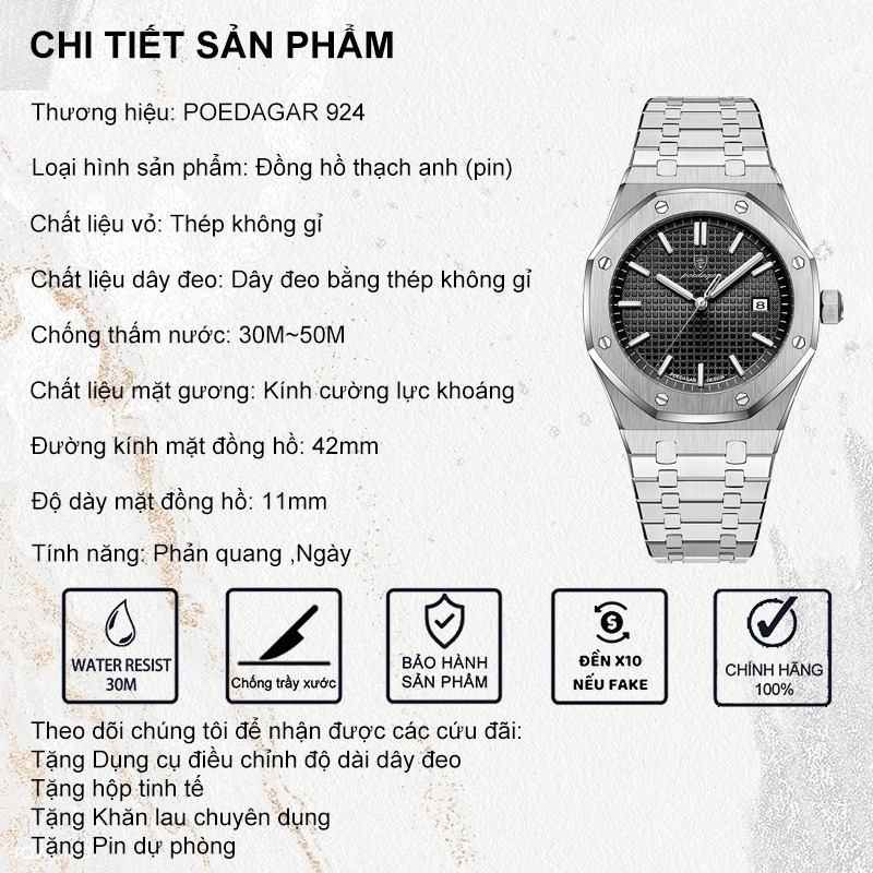 [COMING SOON] Đồng hồ nam chính hãng POEDAGAR 924 Thiết kế Classic Hub ...