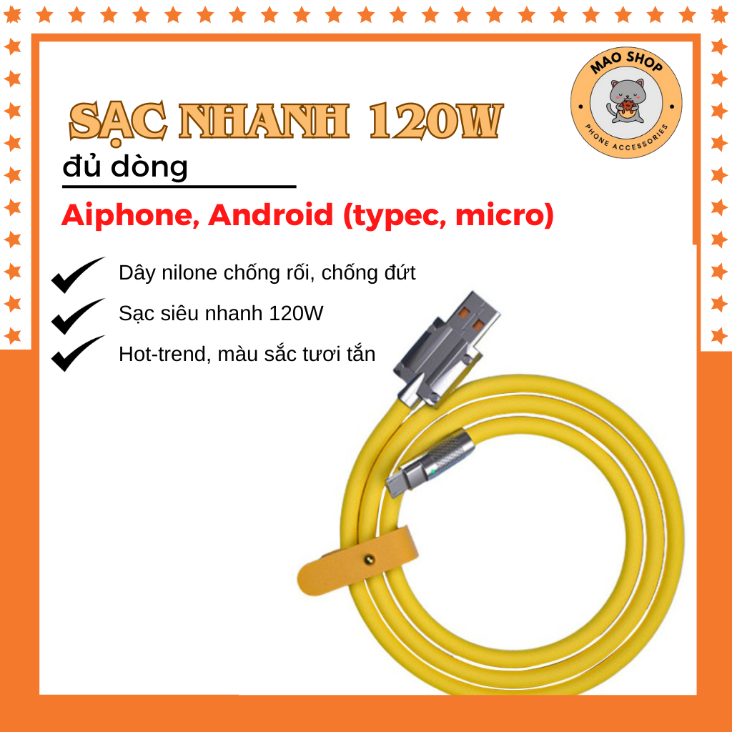 Cáp sạc nhanh 3 đầu 120W bằng hợp kim kẽm silicon công micro USB type c ...