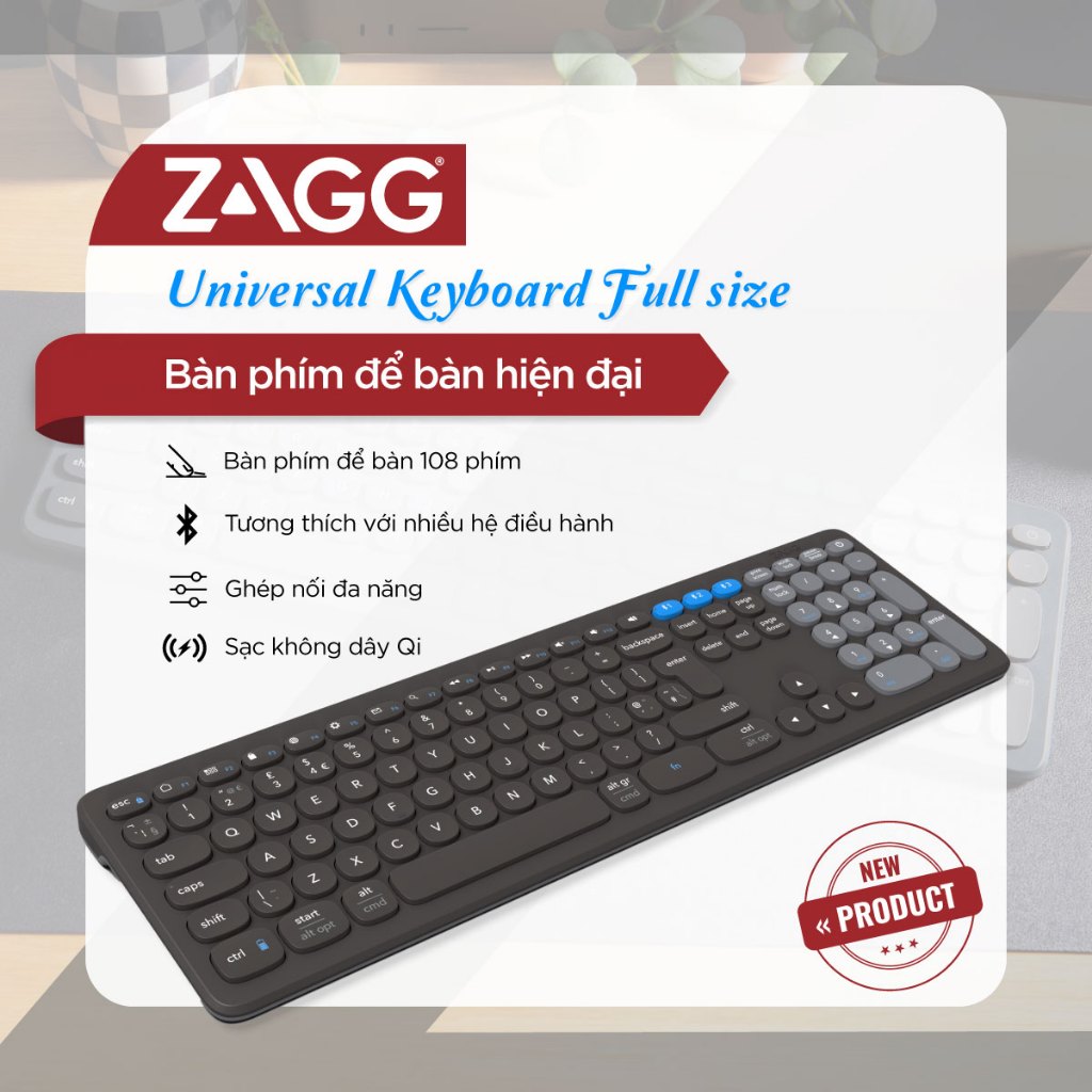 Bàn phím không dây ZAGG Universal Keyboard, tương thích thiết bị Windows, Mac, iOS, Android ...