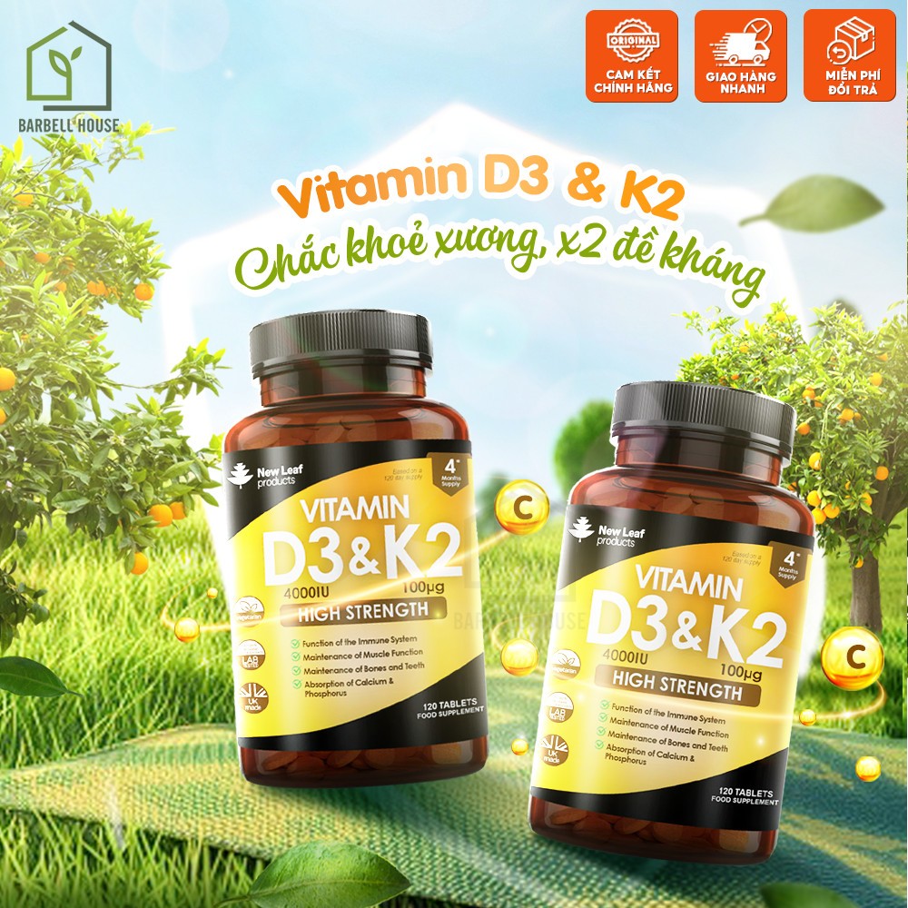 Viên uống Vitamin D3 & K2 hàm lượng cao [NEW LEAF D3 & K2] - chắc khỏe xương khớp, tăng hệ miễn ...