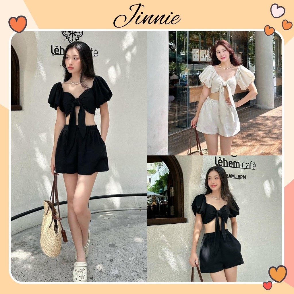 Set áo đi biển croptop thắt nơ mix quần short cạp chun chất linen siêu xinh, bộ đồ đi biển ...