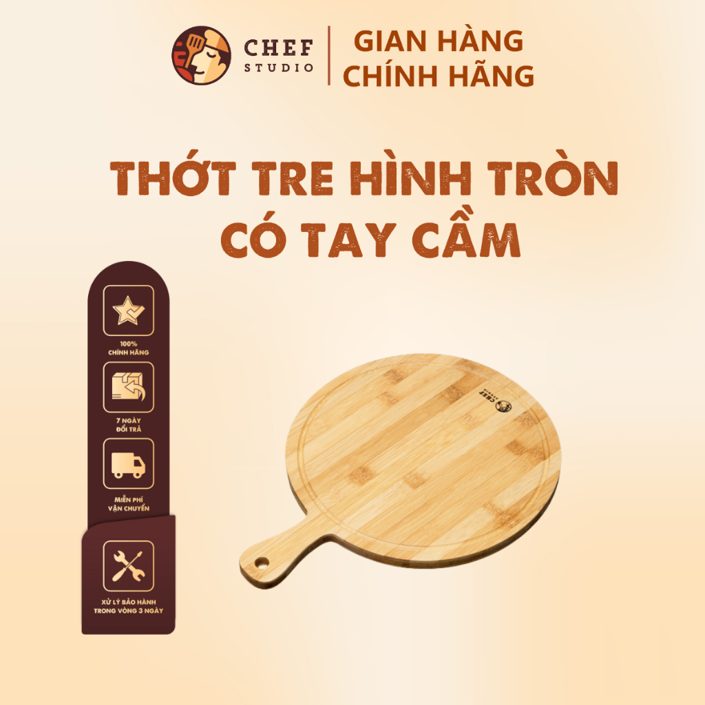 Thớt tre Chef Studio cao cấp hình tròn có rãnh, tay cầm, bền bỉ, an ...