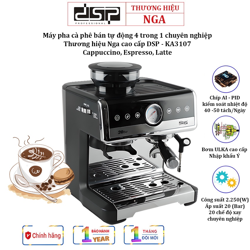[Bảo Hành 12 Tháng] Máy pha cà phê bán tự động 4 trong 1 KA3107 Thương hiệu DSP Nga, Công suất ...
