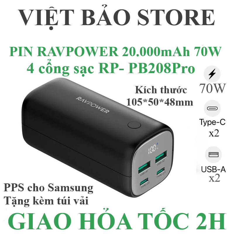 Pin dự phòng 20000mAh RAVPower RP - PB208Pro PD 70W 4 cổng 2C2A hỗ trợ PD/PPS/QC | Shopee Việt Nam