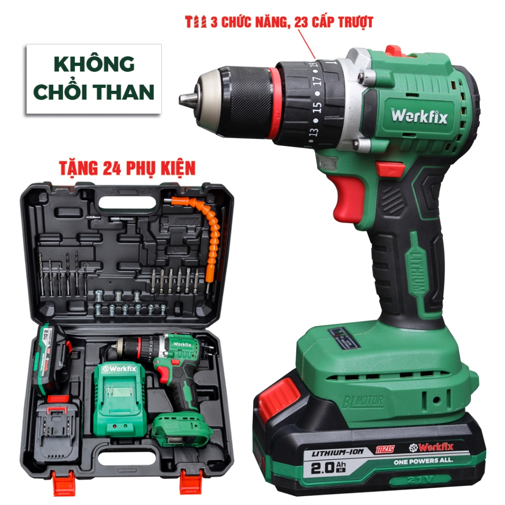 [Kèm Bộ Phụ Kiện] Máy Khoan WORKFIX WF-ID2110BL- Khoan Tường, Khoan Sắt, Gỗ, Bắt Vít- Không Chổi ...