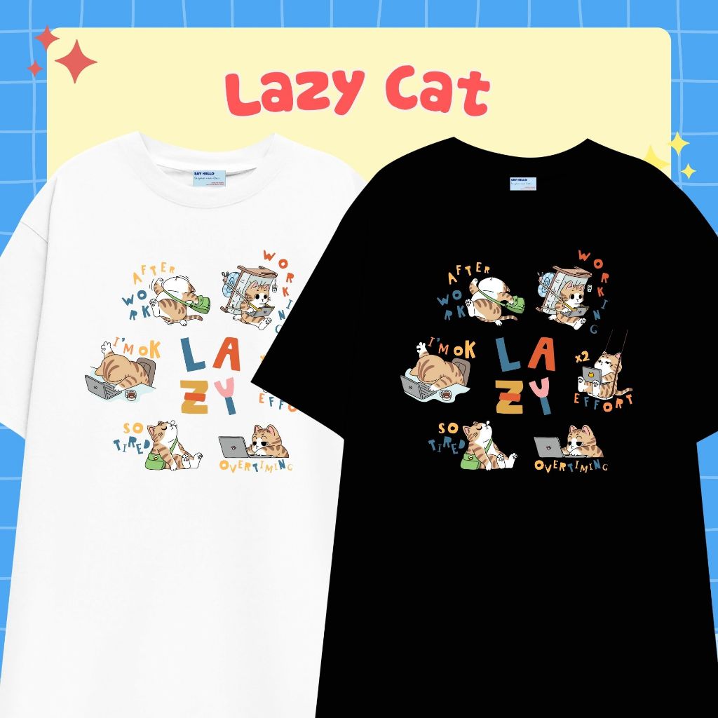 Áo thun MÈO LAZY CAT vải cotton oversize tay lỡ form rộng | Shopee Việt Nam