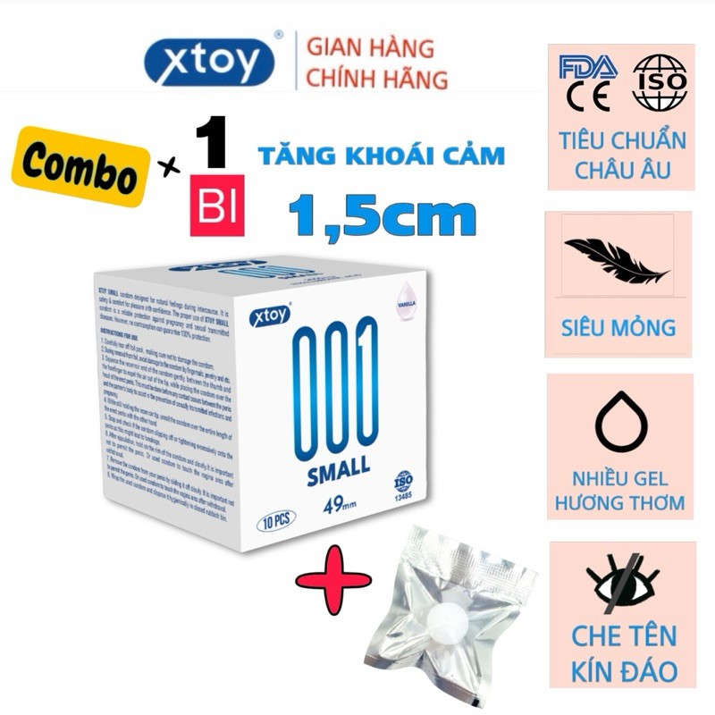 Combo bao cao su XTOY SMALL 49mm, siêu mỏng, ôm sát, nhiều gel, hộp 10 bcs + 01 viên bi 1,5cm ...