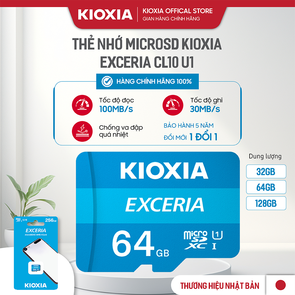 Thẻ nhớ camera, điện thoại Kioxia 256GB/128GB/64GB/32GB UHS-1 C10 đọc 100MB/s- Exceria/Exceria ...