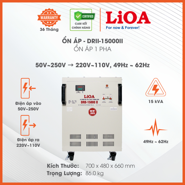 Ổn Áp LiOA 1 Pha DRII-15000II 15kVA 15000VA Điện Áp Vào 50V÷250V, Điện Áp Ra 220V÷110V. Dây Đồng ...