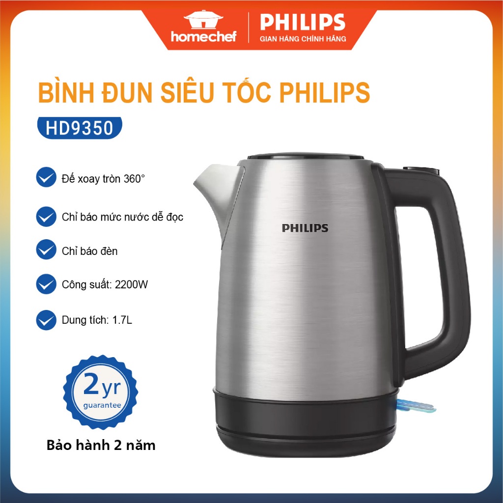 Bình/Ấm đun nước siêu tốc Philips 1.7L HD9350/90, công suất 2200W, bảo ...