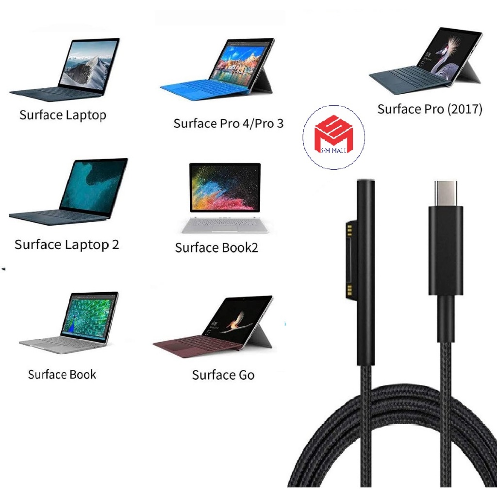 Cáp sạc nhanh PD Type C to Surface Pro 3 4 5 6 7 8 9 Surface Go Surface Book 1 2 Laptop 15V 65W ...