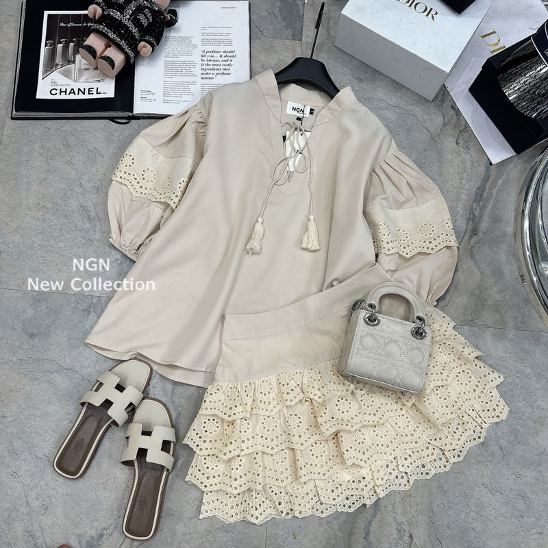 Sét áo sơ mi thô boy tay bồng dây chuông + chân váy tầng | Shopee Việt Nam